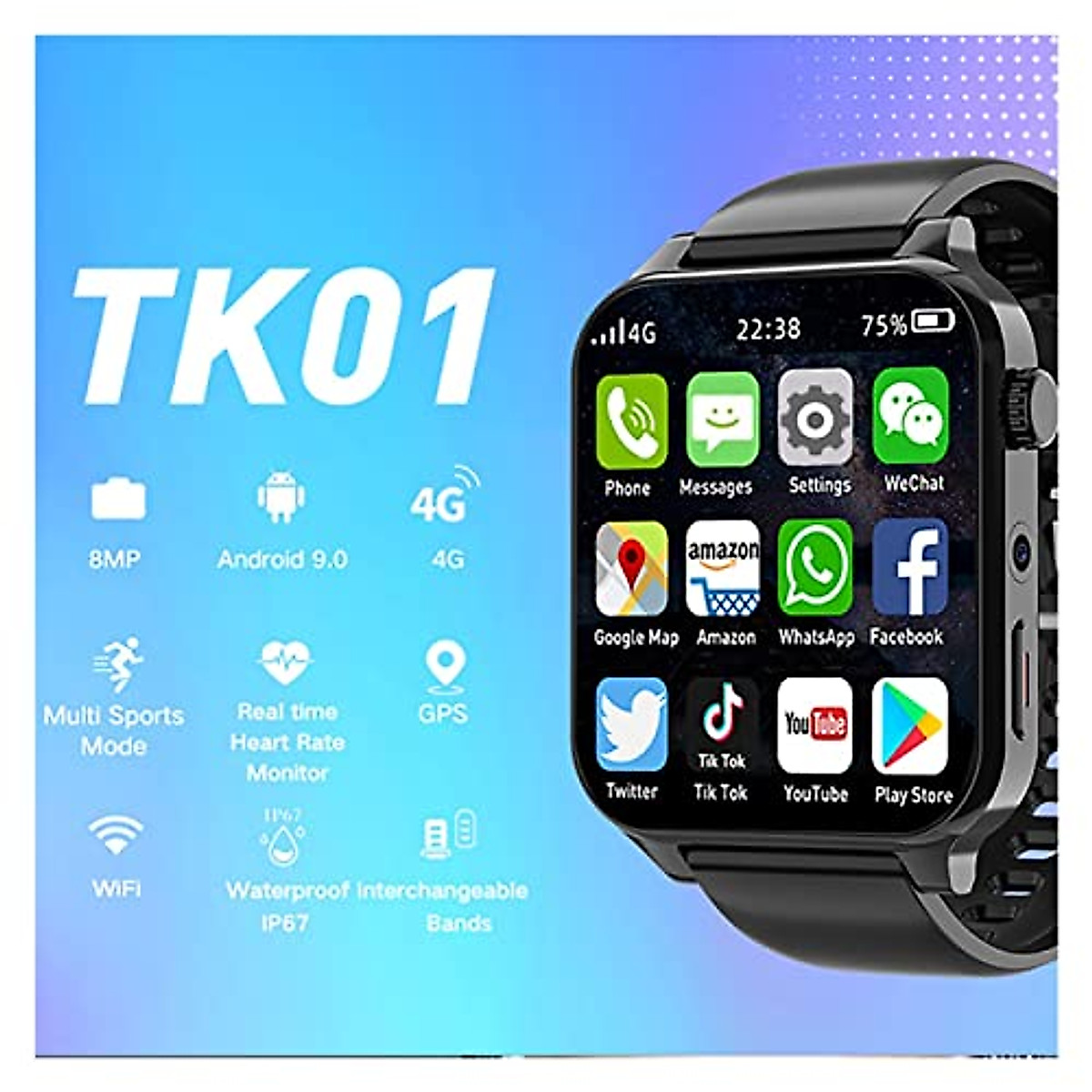 JAITEA New R.AM 4GB ROM 64GB 1.99 Inch 4G Call Smartwatch GPS WiFi Dual Camera Waterproof Sports Men's Smartwatch Men