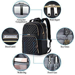 Kuosdaz Laptop Backpack for Women, 15.6 Inch Travel Computer Bag with USB Charging Port, Womens Large Back Pack Purse Work Bag, Student College School Bookbag for Girls Casual Daypacks, Black
