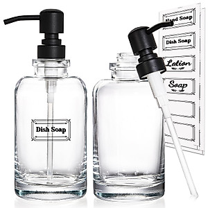 TOPZEA 2 Pack Soap Dispenser, 18 Oz Clear Thick Glass Hand & Dish Liquid Soap Dispenser Set Refillable Lotion Bottles with 304 Rust Proof Stainless Steel Pump & 12 Stickers for Bathroom, Kitchen
