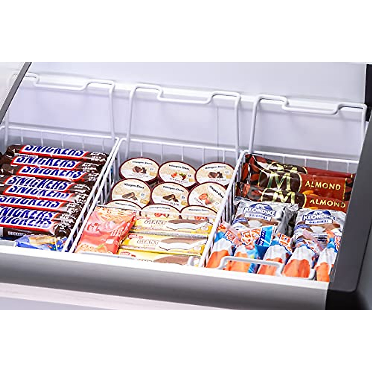 DUURA DDFC21 Commercial Mobile Ice Cream Display Chest Freezer Sub Zero Temp Curved Glass Top Frost Free Lid with 8 Wire Baskets, 71.7 Inch Wide 21.2 Cubic Feet, White, 21 cu.ft