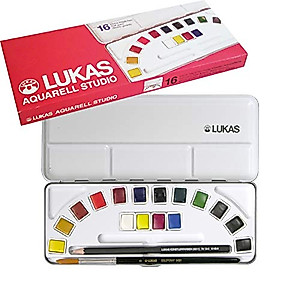 Lukas Aquarell Artist Studio Watercolor Paint Set - Professional, Includes a Travel Friendly Outdoor Painting Case, HB Pencil, Water Color Paint Brush and Color Mixing Palette - 16 Brilliant Colors