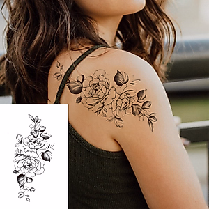 32pcs Black Rose Flower Temporary Tattoo Sticker For Women,Multiple Floral Pattern Designs(7.5X3.8 inch)
