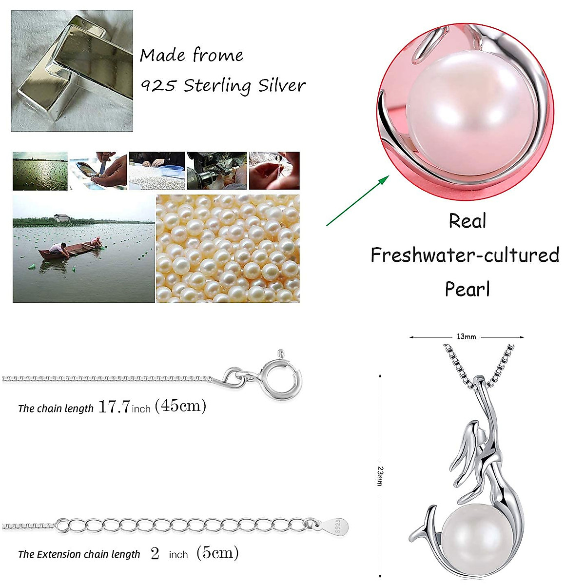 WRISTCHIE Womens Jewelry 925 Sterling Silver and Freshwater-Cultured Pearl Mermaid Pendant Necklace 18+2" (Silver) (Silver)