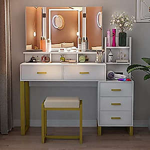 PAKASEPT Vanity Set with Lighted Tri-fold Mirror, 45.59'' Large Vanity Desk with Charging Station, 3-Color Adjustable Touch Light, 5 Drawers, Storage Shelves&Cushioned Stool Makeup Vanity for Bedroom