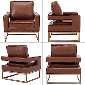 LukeAlon PU Leather Accent Club Chair, Upholstered Armchair with Gold Legs Modern Single Sofa Chair Comfy Reading Chair for Living Room, Brown