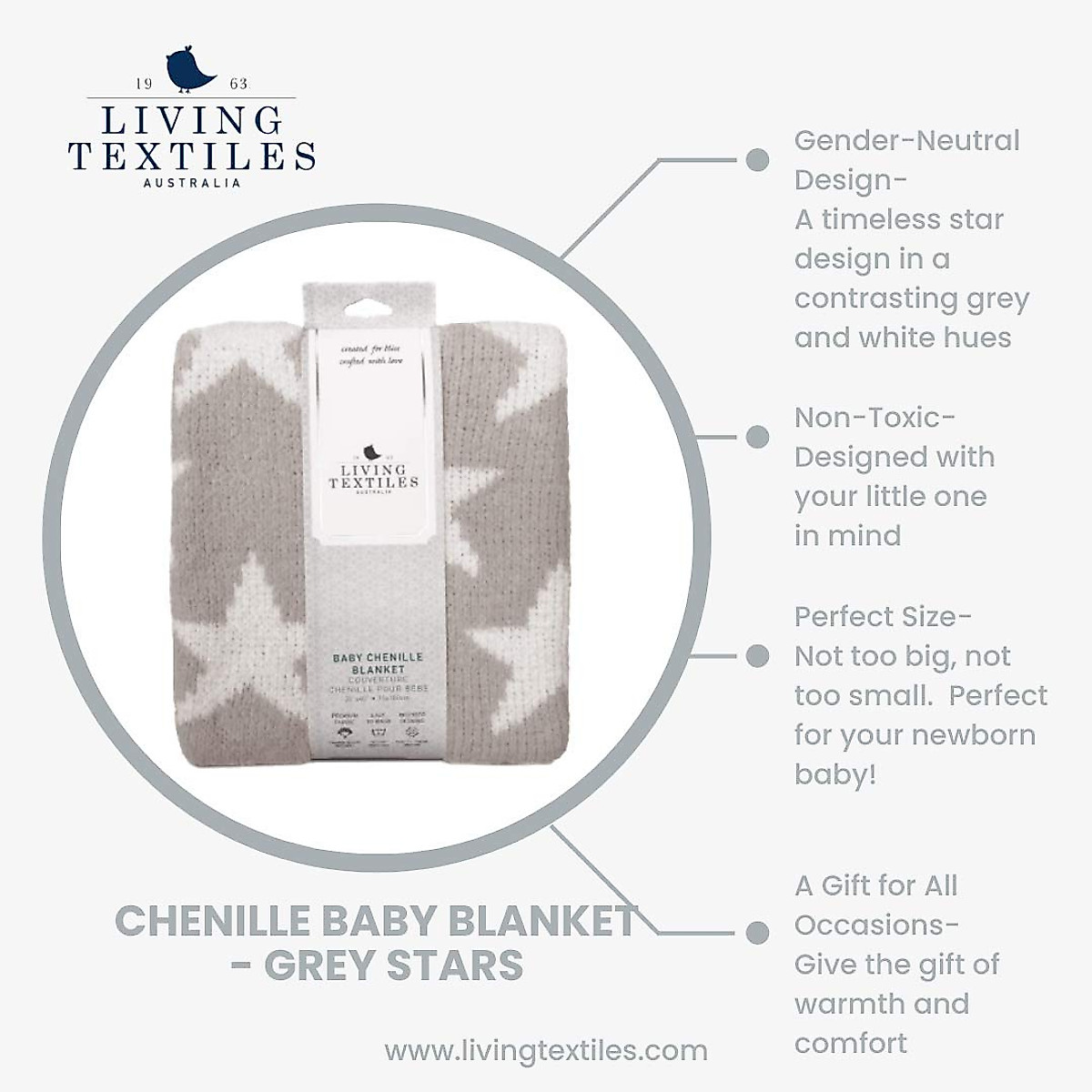 Living Textiles Grey Stars Chenille Soft Baby Blanket Reversible Premium Cozy Fabric for Best Comfort - for Infant,Toddler,Newborn,Nursery,Boy,Girl,Unisex,Throw,Crib,Stroller,Gift, Grey Stars 40x30
