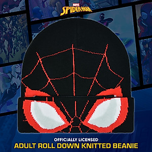 Marvel Spider-Man Miles Morales Roll Down Cuff Beanie Hat, Knitted Winter Skull Cap, Black/Red, One Size