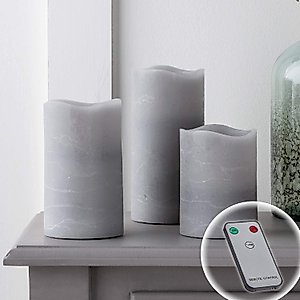 Lights4fun, Inc. Set of 3 Gray Wax Battery Operated Flameless LED Pillar Candles with Remote Control