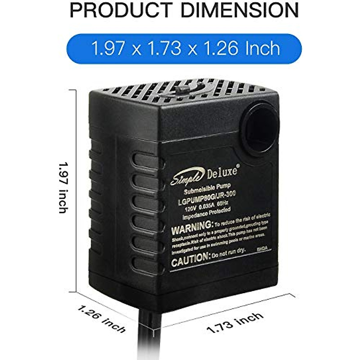 Simple Deluxe 80 GPH Submersible Pump with Adjustable Intake & 6' Waterproof Cord for Hydroponics, Aquaponics, Fountains, Ponds, Statuary, Aquariums & more, Black