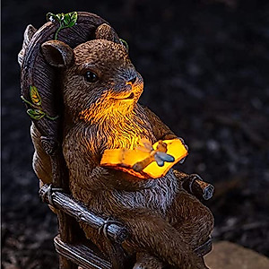 VP Home Squirrel Reading and Relaxing on Rocking Chair Solar Powered LED Outdoor Decor Garden Light Garden Figurines Outdoor Squirrel Gifts Garden Decorations Outdoor with Squirrel Statue