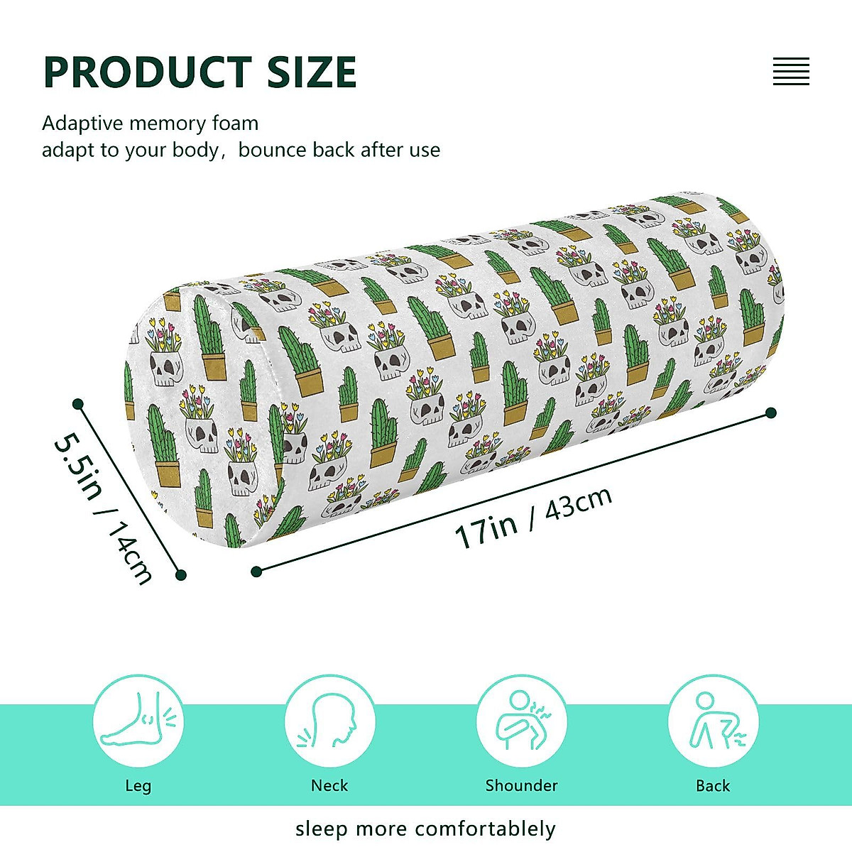 Vnurnrn Cactus Flower Skull Neck Support Pillow Round Neck Roll Bolster Cylinder Pillow Cervical Pillows Knee Pillow for Leg Knee Back Head Support for Bedroom Camp Work Women Men
