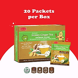 Pocas Honey Ginger Tea - Instant Tea Powder Packets with Soursop & Ginger Honey Crystals Tea, Non-GMO/Gluten Free/Caffeine Free Tea, 20 Count