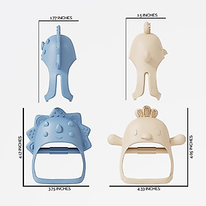 Baby Teether Pack of 2 Wearable Teether Toy Hand Teether - Little Chick and Mini Dino - Blue Baby Toy and Beige Baby Toys by Muqee Peeko Silicone Baby Teether