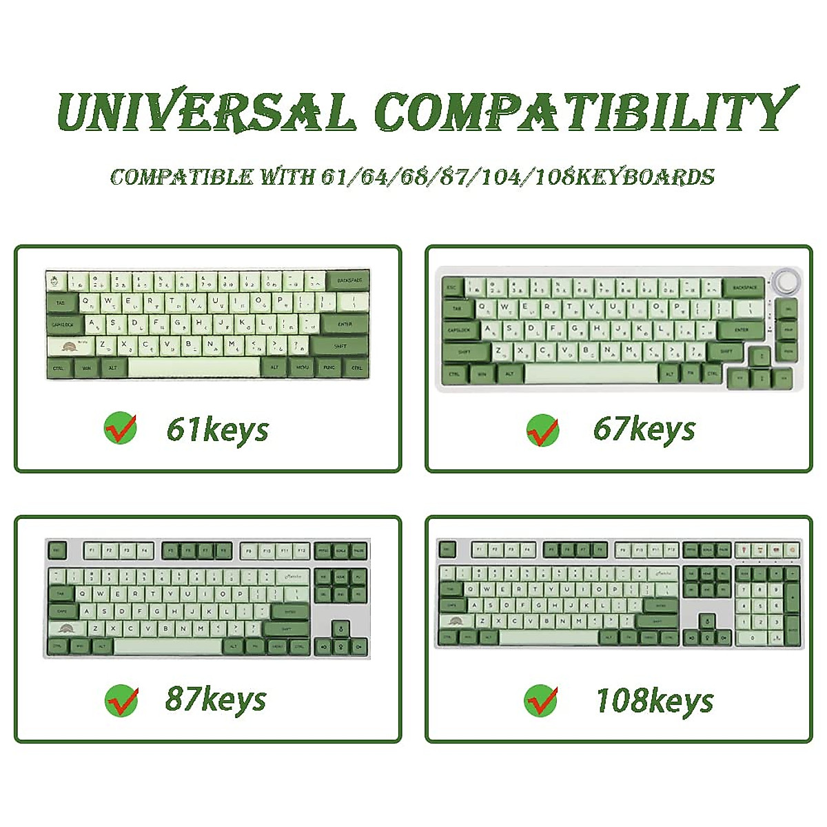 PBT 124 Keys XDA Profile Dye-Sub Matcha Keycaps，ANSI Layout Keycap Suitable for 61/64/87/104/108 Mechanical Gaming Keyboard(Keycaps only)