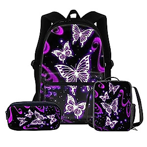 Upetstory Purple Butterfly School Backpack Set Girly Schoolbag for Kids Teen Girls Book Bag Sets with Lunch Box Pencil Purse Primary Preschool Kindergarten Toddler Daypack 3PCS