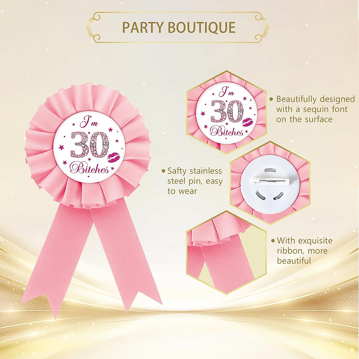 Happy 30th Birthday Tinplate Badge Pin, 30 & Fabulous Birthday Button Pin, Happy Birthday Pink Rosette Badge Pin for Women, Brooch Buttons for 30th Birthday Party, tinplate, rosette