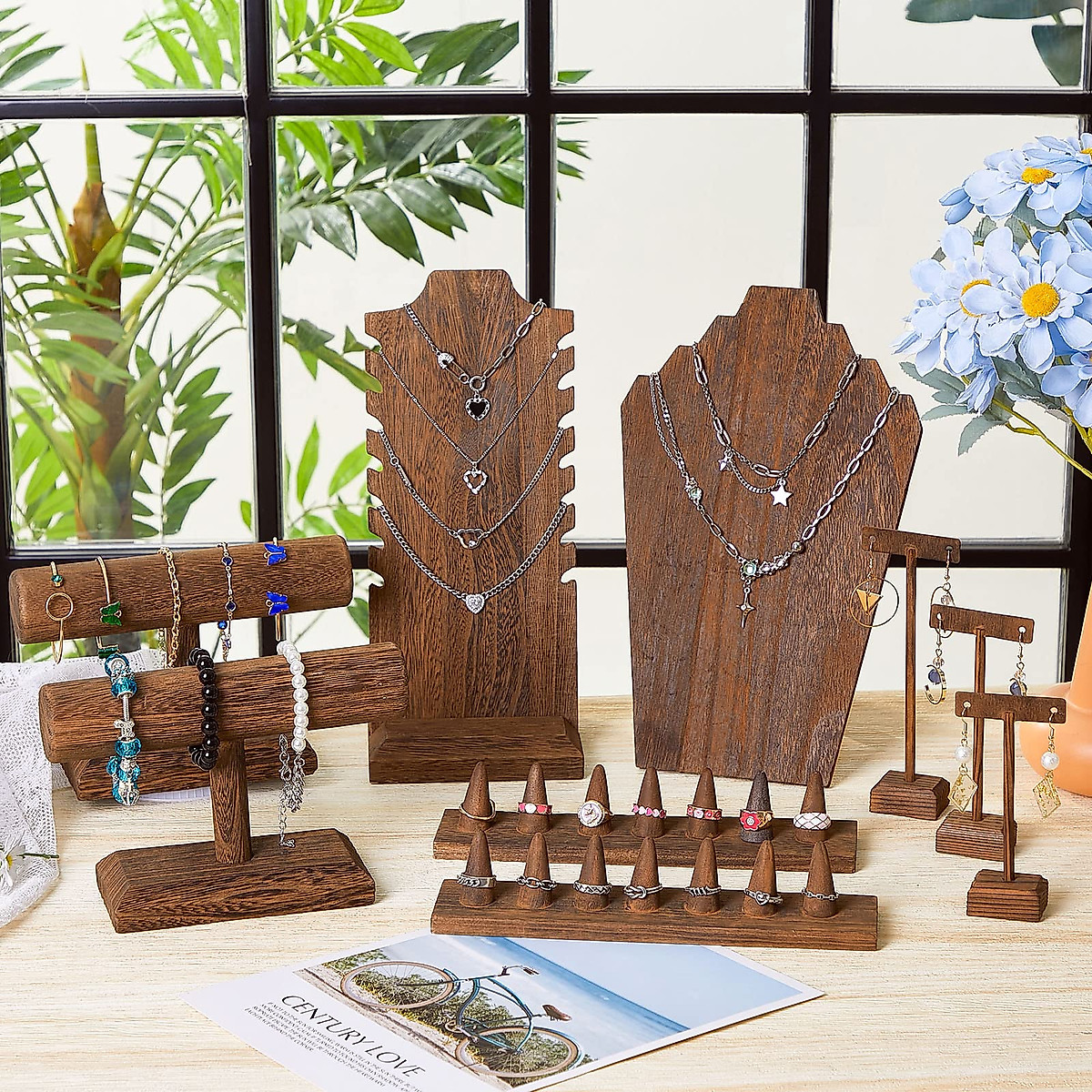 Jerify 13 Pcs Jewelry Displays Holder Set Wooden T Shape Necklace Bracelet Finger Ring Earring Display Stand for Home Jewelry Organizer Store Showcase Selling