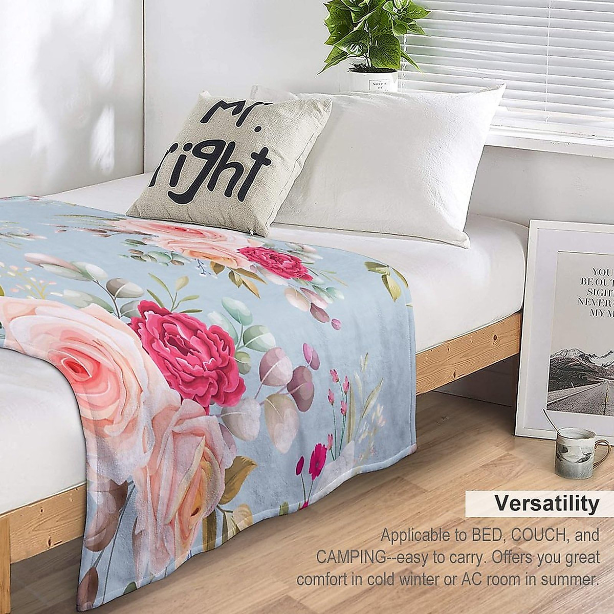 Floral Twig Theme Blanket, Bird On A Twig, Blue Background Theme Flannel Soft Blanket, Women Women Sofa Warm Blanket 60"x80"