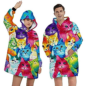 EZERILA Ink Color Cat Wearable Blanket Hoodie for Women Men Adults Teens Sherpa Fleece Oversized Hooded Sweatshirt Blanket with Pockets