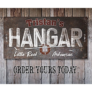 Personalized Hangar Airplane Print - Custom Print with Name and City State, Pilot Name Print and Aviation Sign, Antique Airplane Decor and Man Cave Gift, Rustic Metal Style Canvas Print 12x24