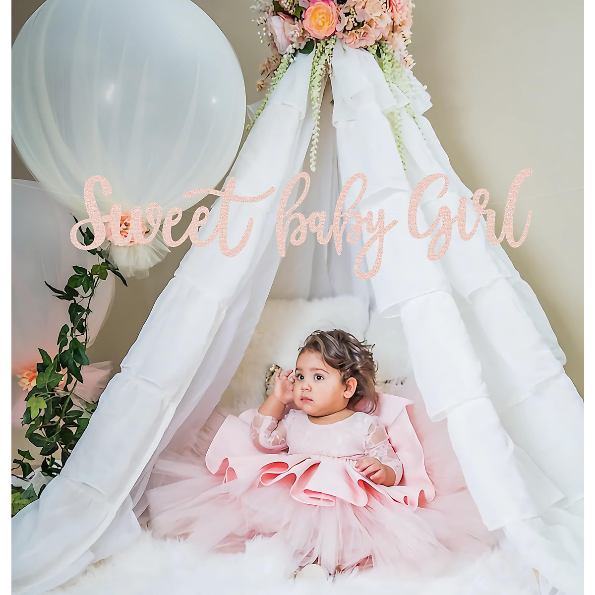 Pre-Strung Sweet Baby Girl Banner - Rose Gold Glitter Baby Shower Decorations for Girls, Perfect for Gender Reveal Party/First Birthday Party, Photo Booth Props