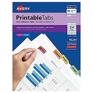 Avery 16281 Printable Plastic Tabs with Repositionable Adhesive, 1 1/4, Assorted (Pack of 96)