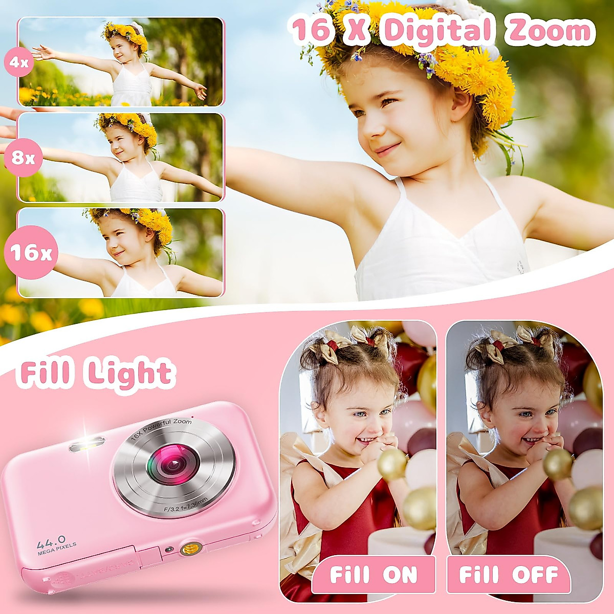 Digital Camera, Kids Camera with 32GB Card, FHD 1080P 44MP Vlogging Camera, 16X Zoom Point and Shoot Digital Camera Compact Portable Rechargeable Cameras for Teens Boys Girls Students Seniors(Pink)