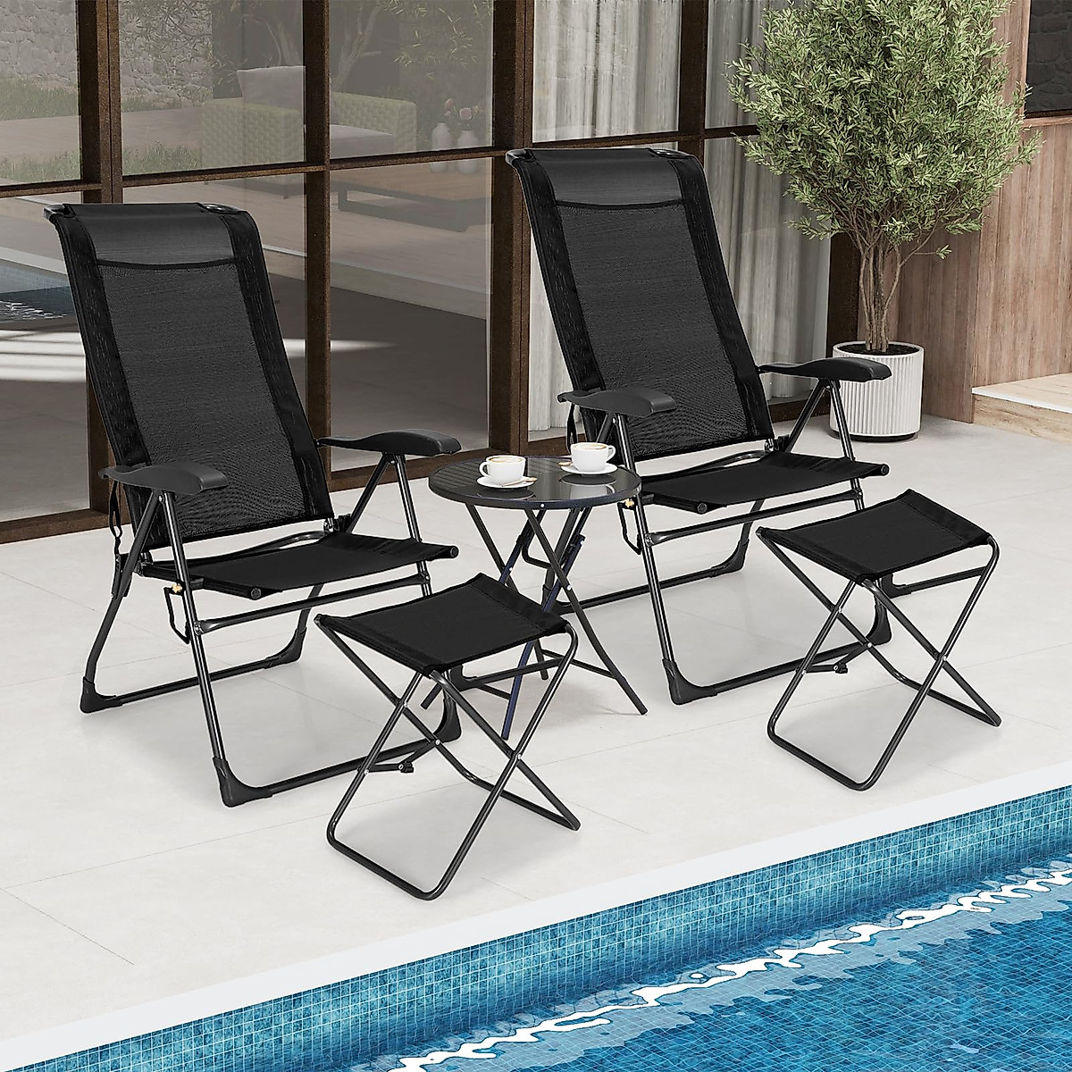 Tangkula Folding Patio Chairs, Set of 2 Outdoor Dining Chairs & Ottomans, Lawn Chairs with 7-Level Adjustable Backrest, Armrests, Mesh Pocket, Portable Lounge Chairs & Footrests for Backyard, Camping