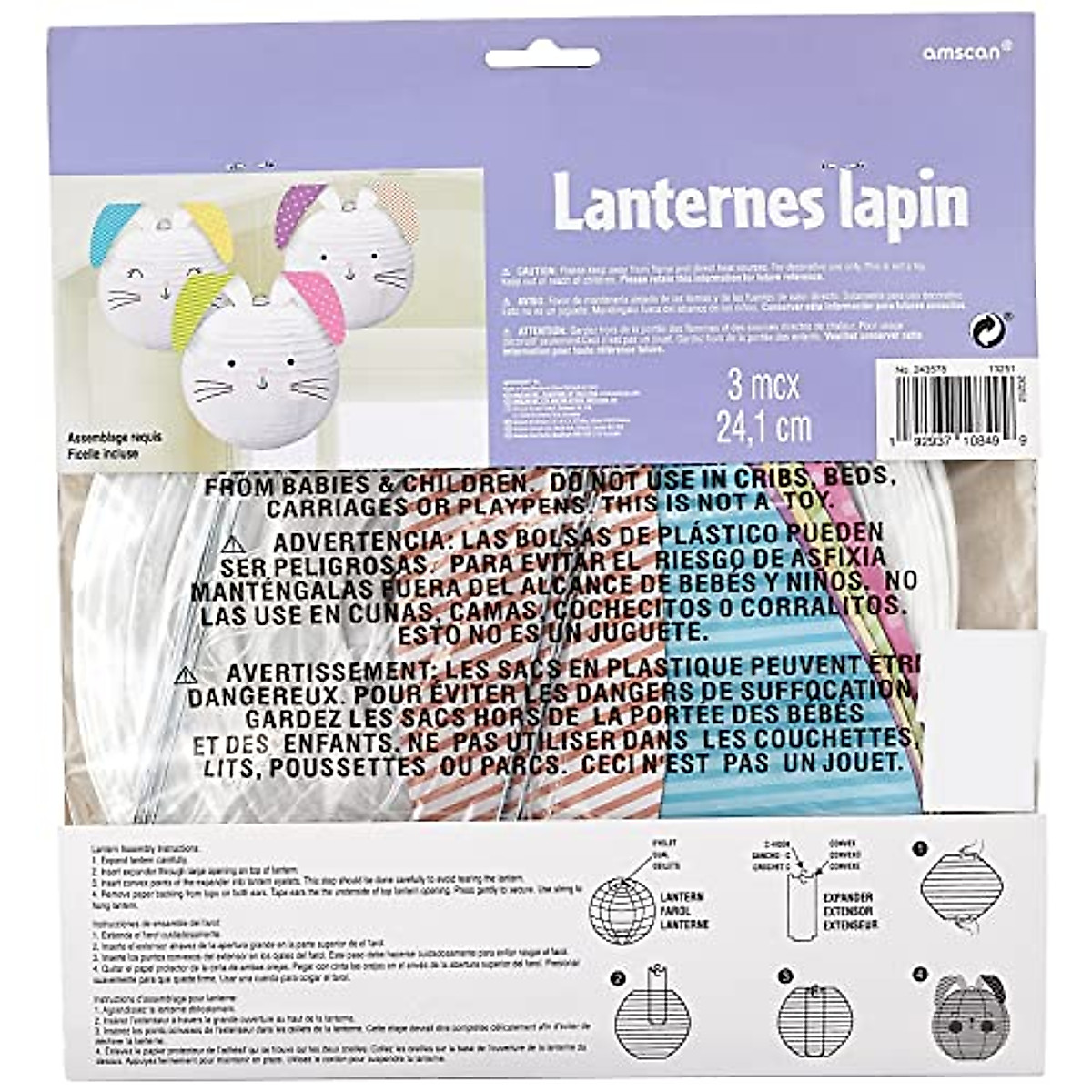 amscan Multicolored Bunny Shaped Paper Lanterns, 3 Ct. | Easter Decoration