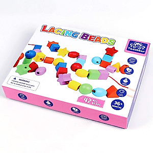 Atoylink 42PCS Lacing Beads Montessori Toys for Toddlers Wooden Primary String Threading Beads Rainbow Lacing Toy Preschool Fine Motor Skills Educational Toy for 3 4 5 6 7 8 Years Old Kids Boys Girls