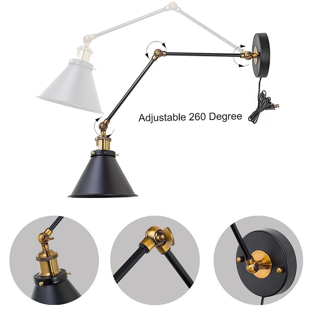 Black Wall Sconces Lighting, Modern Industrial Plug in or Hardwired Adjustable Swing Arm Wall Lamp with Antique Brass Finish for Bedroom, Living Room and Kitchen