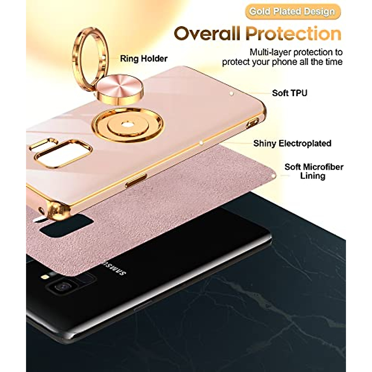 LeYi for Samsung Galaxy S9 Case with 360° Rotatable Ring Holder Magnetic Kickstand, Plating Rose Gold Edge Protective Case for Women and Girls, Pink