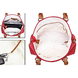 NNEE Water Resistance Nylon Top Handle Satchel Handbag with Multiple Pocket Design - Red