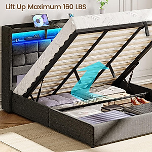 Driftalia Lift Up King Size Bed Frame with Storage, Upholstered King Bed Frame with Charging Station and LED Lights Headboard, No Box Spring Needed, Easy Assembly - Dark Grey