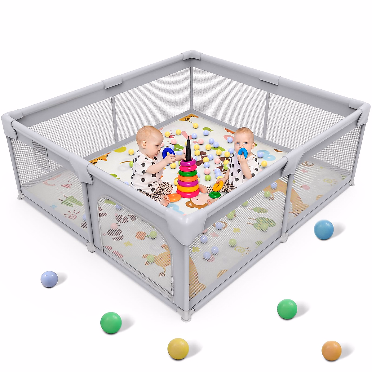 Large Baby Playpen Palopalo Playard for Toddlers with Gate 50''x50'' Indoor & Outdoor Play Pen, Baby Toys 0-6 to 12 Months Infants Sturdy Safety Activity Center with Anti-Slip Base, Gray
