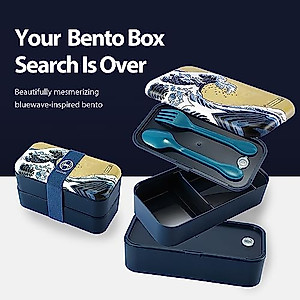 Hagary Wave Bento Box 2 Tier Japanese Lunch Box with Spoon and Fork Stackable Leak-Proof with Movable Partition Lunch Containers Scratch Proof 800ml