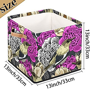 Large Collapsible Storage Bins,Bird Peony Flower Decorative Canvas Fabric Storage Boxes Organizer with Handles,Cube Square Baskets Bin for Home Shelves Closet Nursery Gifts