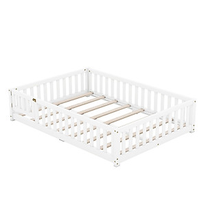 Full Size Floor Bed for Kids, Wood Montessori Bed with Slats, Safety Fence & Door, Playhouse Floor Bed Frame with Rails for Girls Boys Children Teens, White