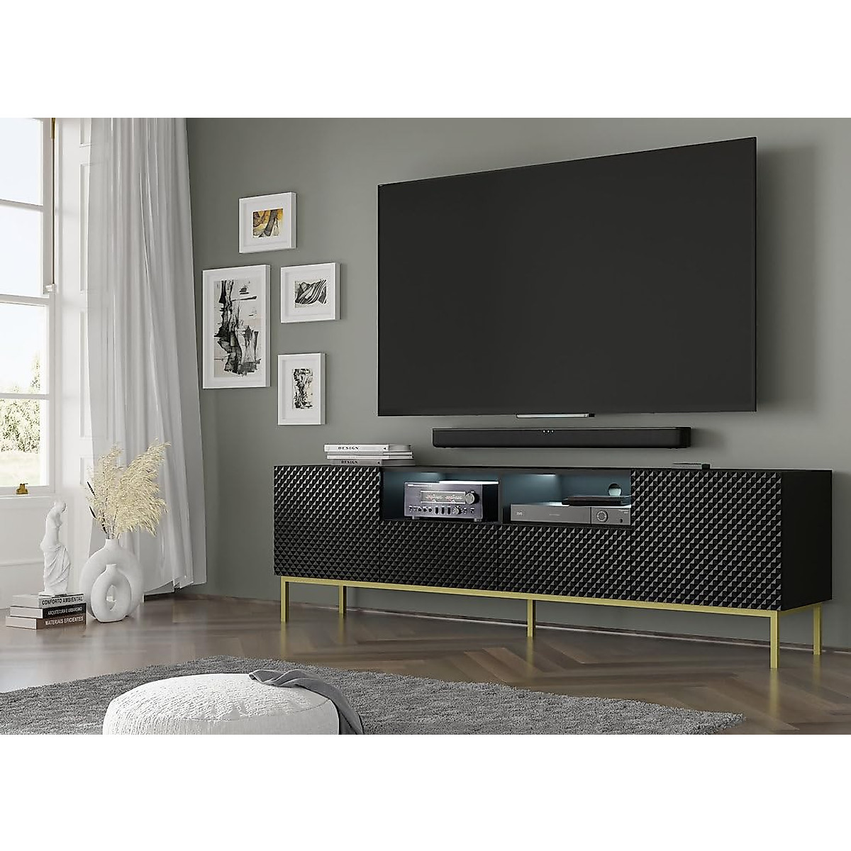 Homlando Ravenna C TV Stand 79" – Center with Storage for Living Room – Gaming Center for TVs Up to 85” – LED TV Unit - TV Entertainment – Lowboard TV Cabinet – Black Matte with Black Gloss Fronts