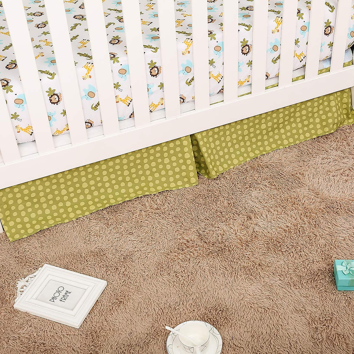 Brandream Jungle Crib Bedding Set for Boys Girls Safari Nursery Set - Elephant Lion Giraffe Animal Baby Comforter/Quilt, Fitted Crib Sheet, Crib Bed Skirt, 3 Pieces Green/Yellow/Mint/Taupe