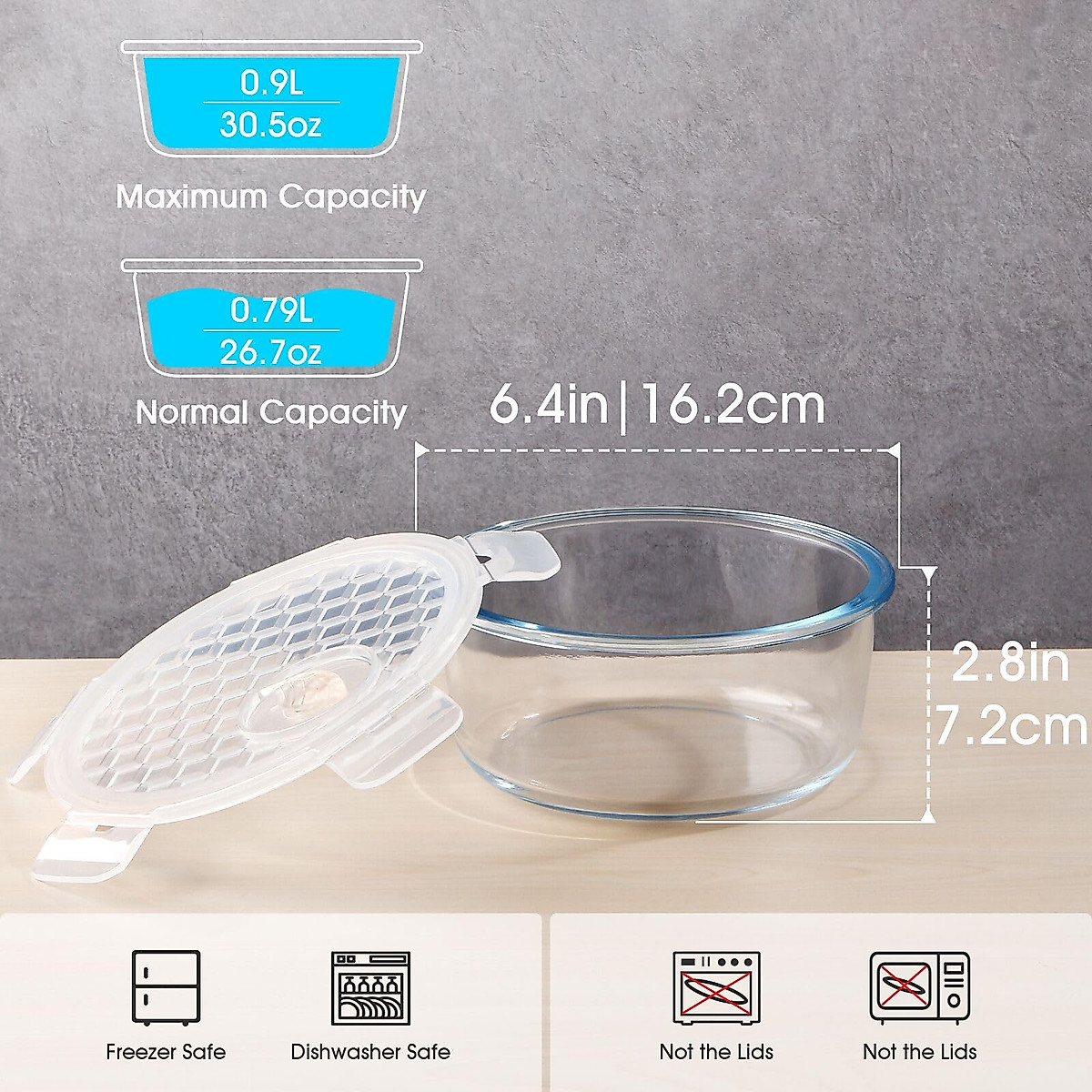 NUTRIUPS 0.9L/30 Oz Glass Food Storage Container, Small Food Storage Container with Leakproof Airtight Lids, Meal Prep Containters -Microwave Safe & Oven Safe (NOT THE LIDS)-Round