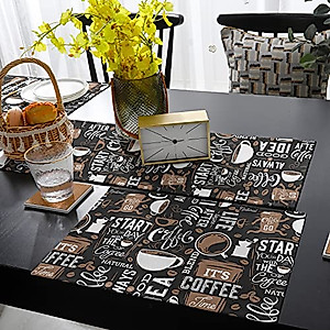 Rural Coffee Table Mats Set of 6 with Table Runner 70 Inches Long,Cotton Linen Tablerunner Burlap Kitchen Dining Placemats for Wedding/Coffee/Dress Party,Shabby Chic Esppresso Beans Cup Drinking