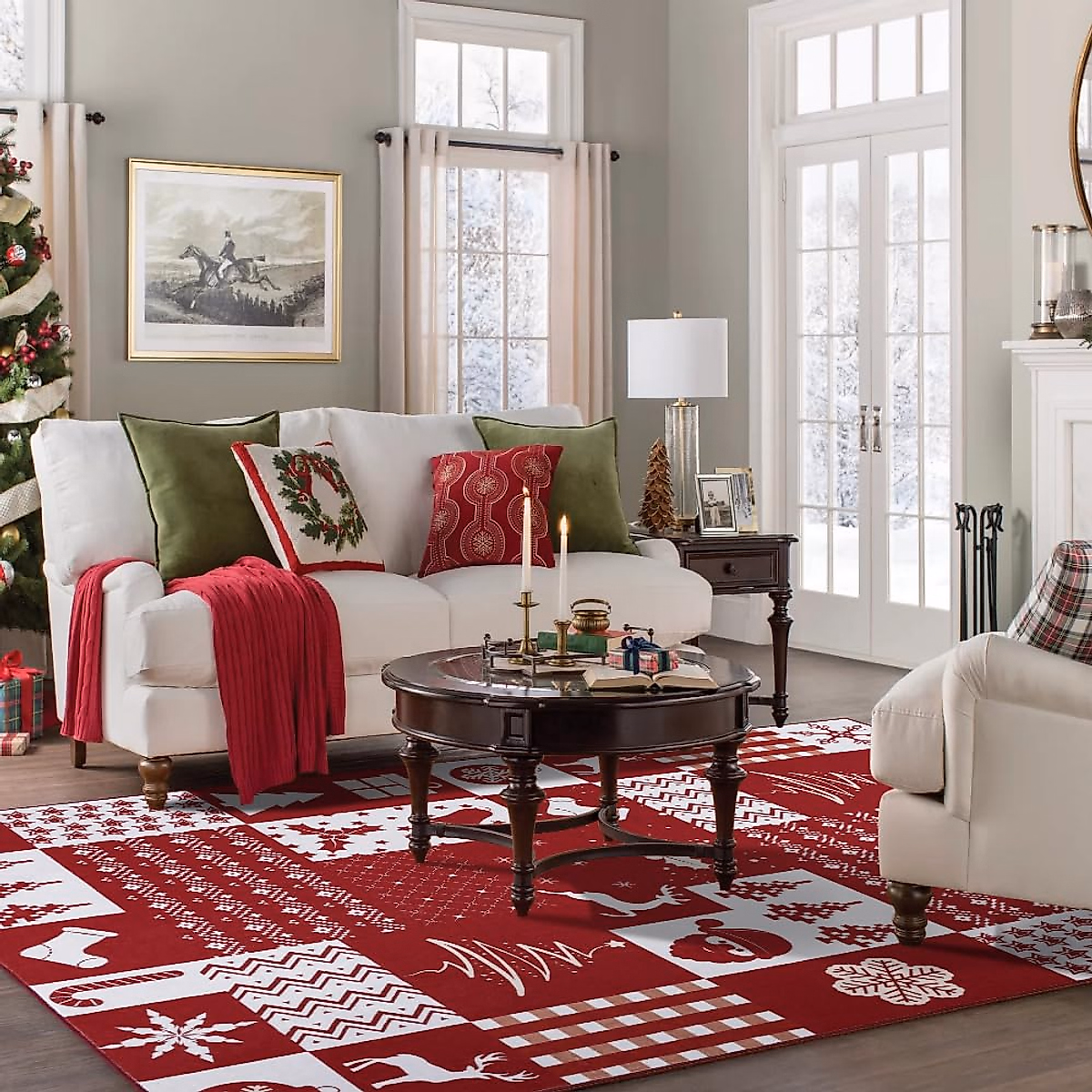 Syalife 9x12 Christmas Rug for Living Room, Bedroom, Dining Room, Large Red/White Area Rug, Indoor Festival Machine Washable Rugs, 9'x12', Patchwork Pattern