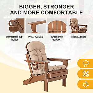 nalone Adirondack Chairs with Table Set, Folding Adirondack Chair Set of 2 with Cushions with 2 Layer Outdoor Side Table, HDPE Plastic Patio Chairs with End Table for Outdoor, Fire Pit, Deck (Teak)