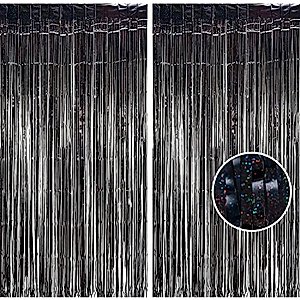 BRAVESHINE Party Decorations Foil Fringe Curtains - 2 Pack 3.2 x 8.2 ft Metallic Tinsel Photo Booth Streamer Backdrops for Boys Gilrs Men Women Birthday Wedding Christmas Graduation Decor - Black
