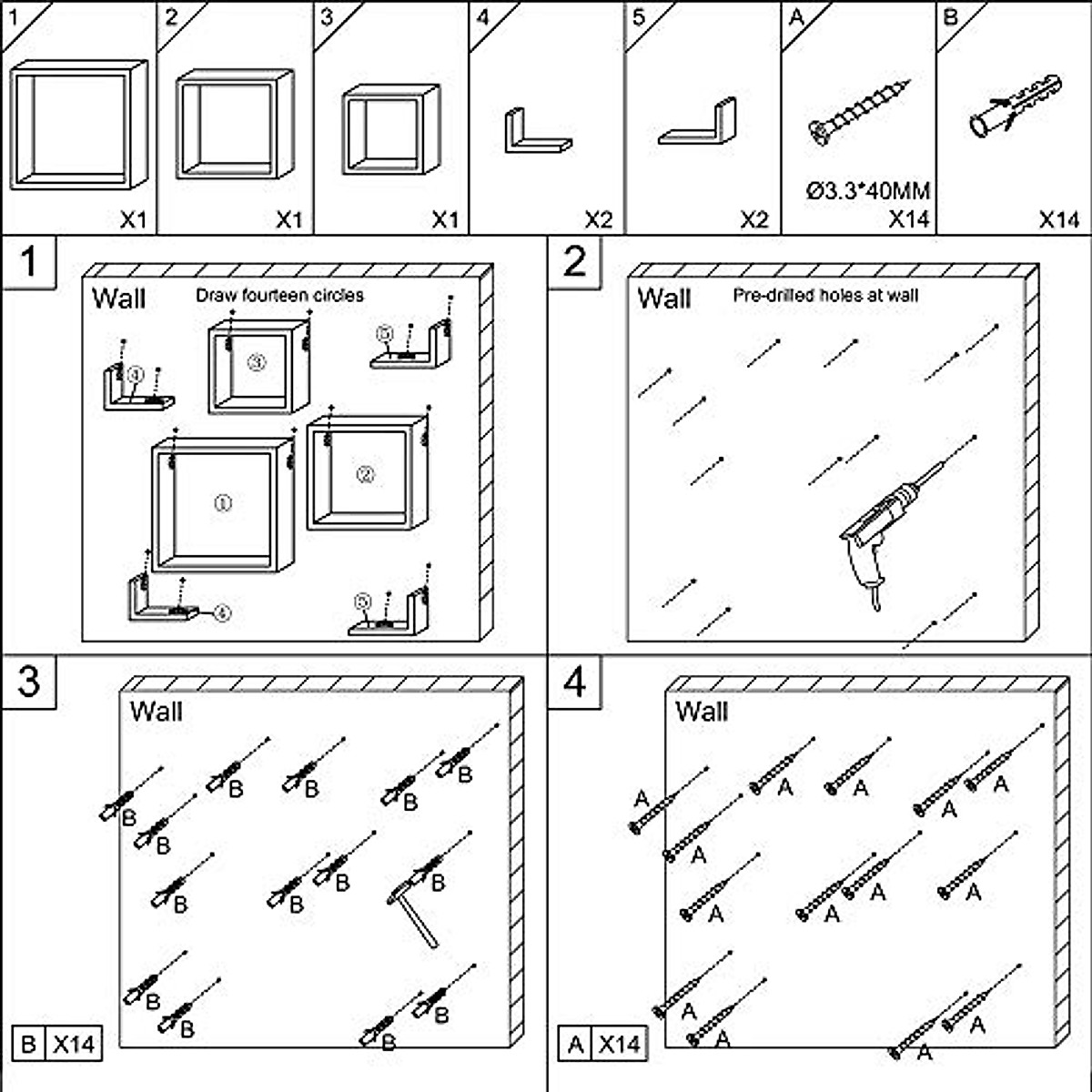 Coral Flower Rustic Wall Mounted Square Shaped Floating Shelves – Set of 7 – 3 Square Shelves and 4 L-Shaped Rustic Shelves – Screws and Anchors Included, Rustic Blue