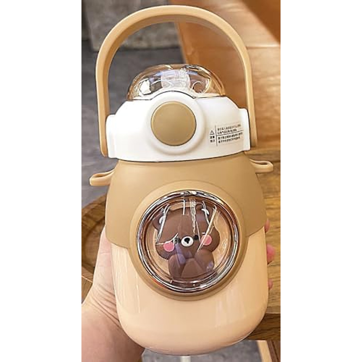 Large Capacity Cartoon Prints Water Bottle with Straw Lid Women Tumblers with Shoulder Strap Stainless Steel Thermal Cup (Coffee 23.6oz)