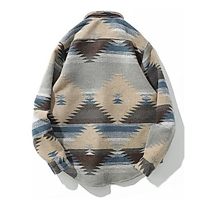 FindThy Men’s Brushed Flannel Shirts Ethnic Aztec Print Button Up Lapel Tribal Shirt Jacket Shacket(0682-Grey-L-LB)