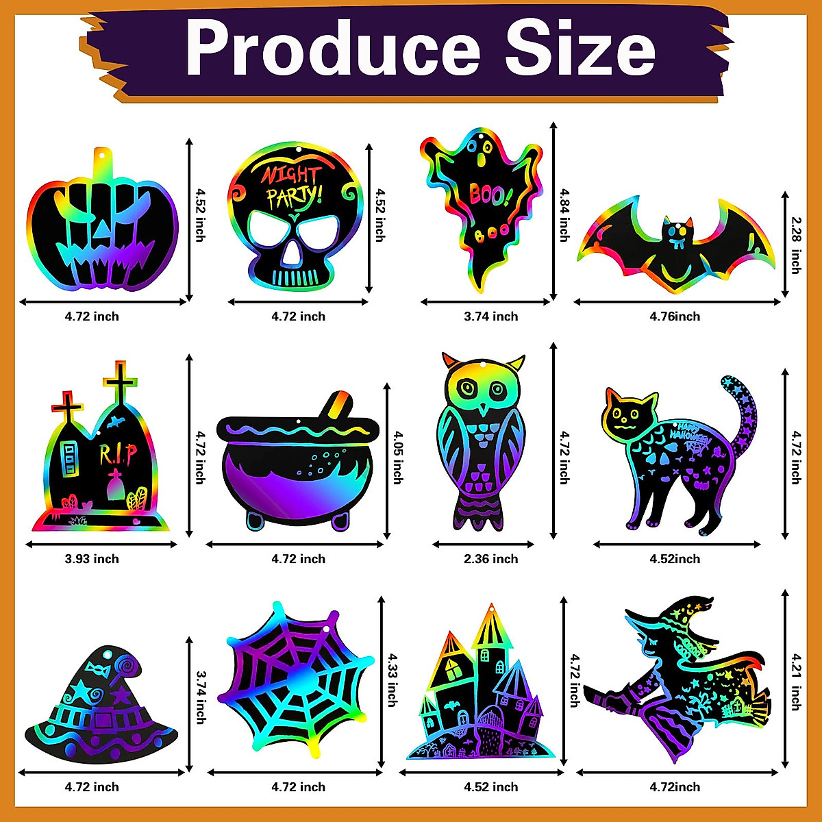 Max Fun Halloween Craft Scratch Paper Art for Kids Party Games Ornaments 96PCS Magic Rainbow Scratch Off Cards Paper Hanging Educational Toys Kit Halloween Party Supplies Birthday Gift