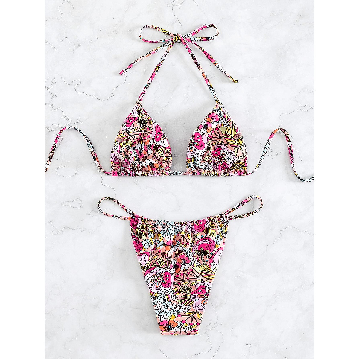 WDIRARA Women's 2 Piece Set Floral Print Tie Backless Swimwear Halter Bikini Swimsuit Floral Pink L